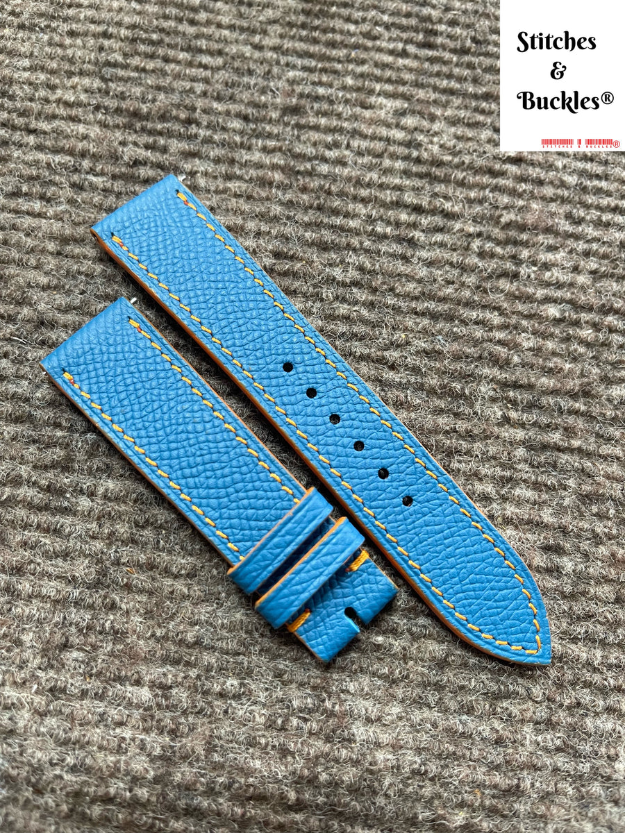 20/18mm Custom Handmade Blue Epsom Leather Strap with Orange Theme Lin ...